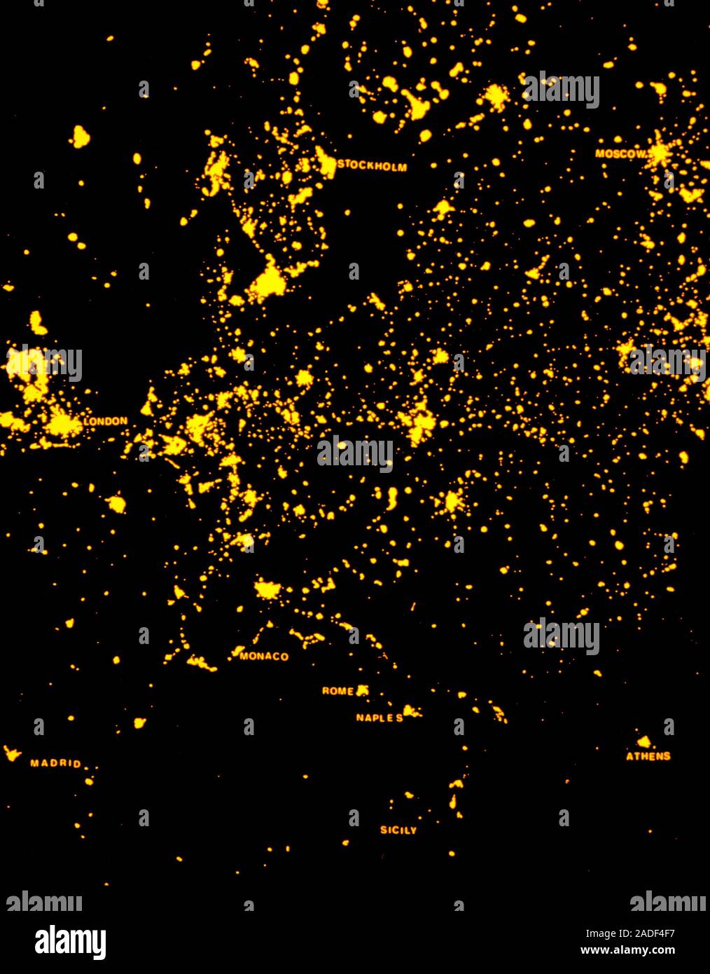 This coloured photograph shows the night-time city lights of Europe as ...