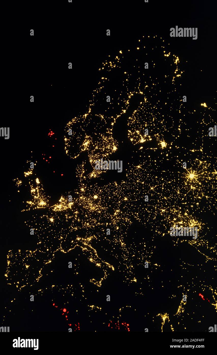 Lights of Europe at night from space. Several countries, such as the UK ...