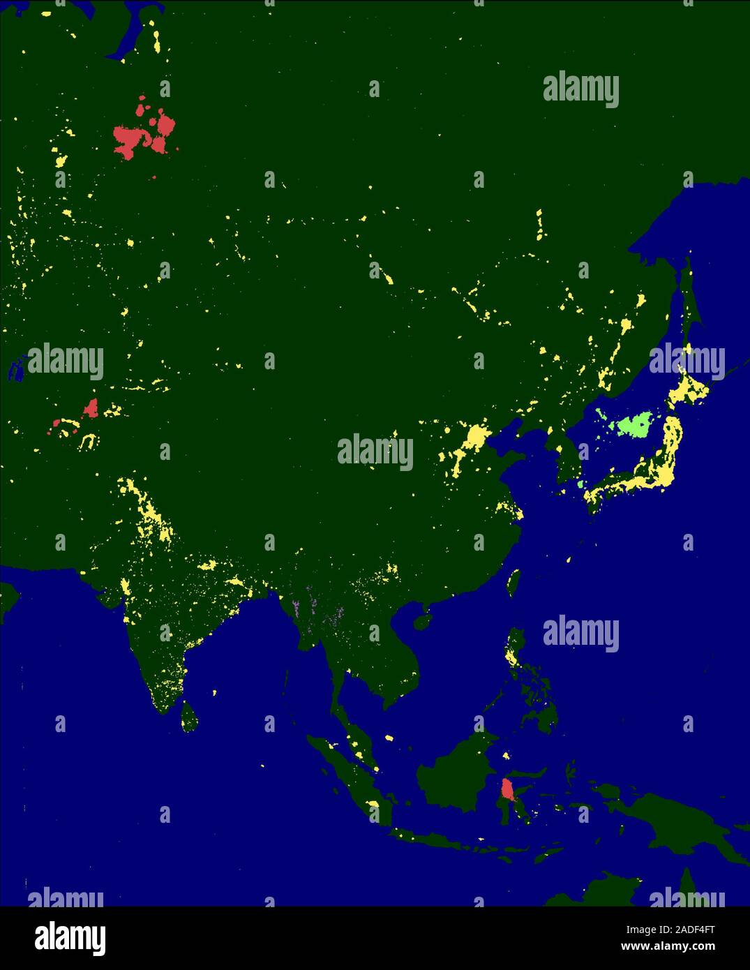 Asia at night from space. Colour-coded satellite image of Asia at night ...