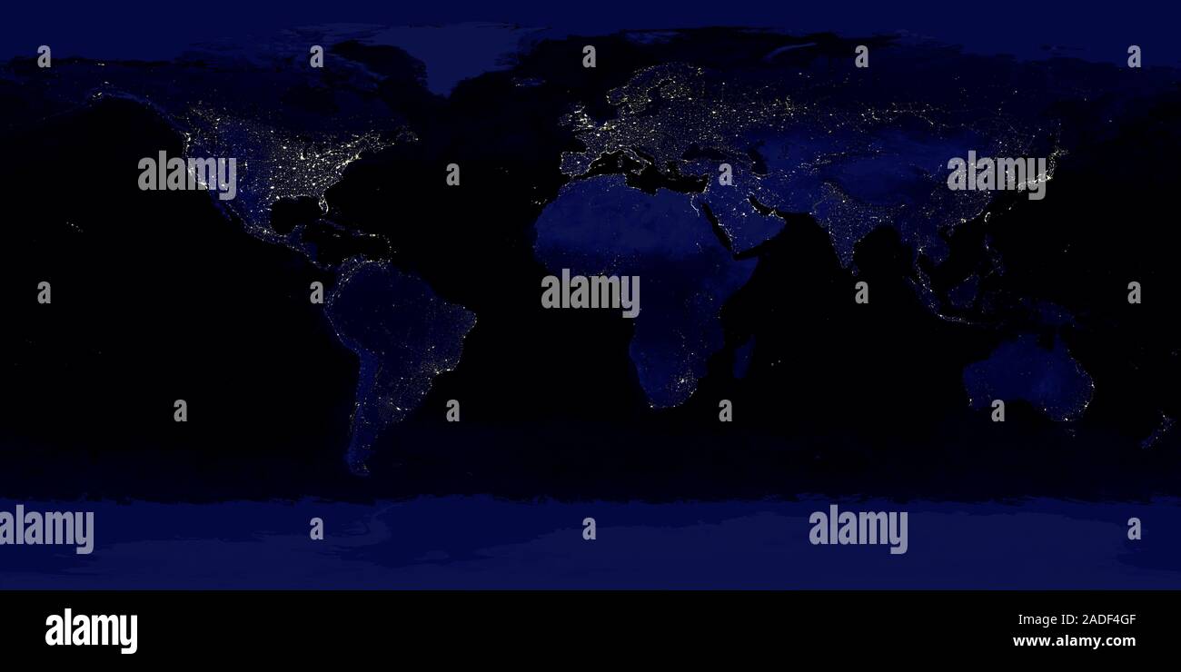 Earth at night. Satellite image of the artificial light produced on ...