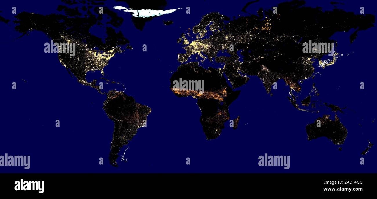 Earth at night. Satellite image of the artificial light on Earth at ...