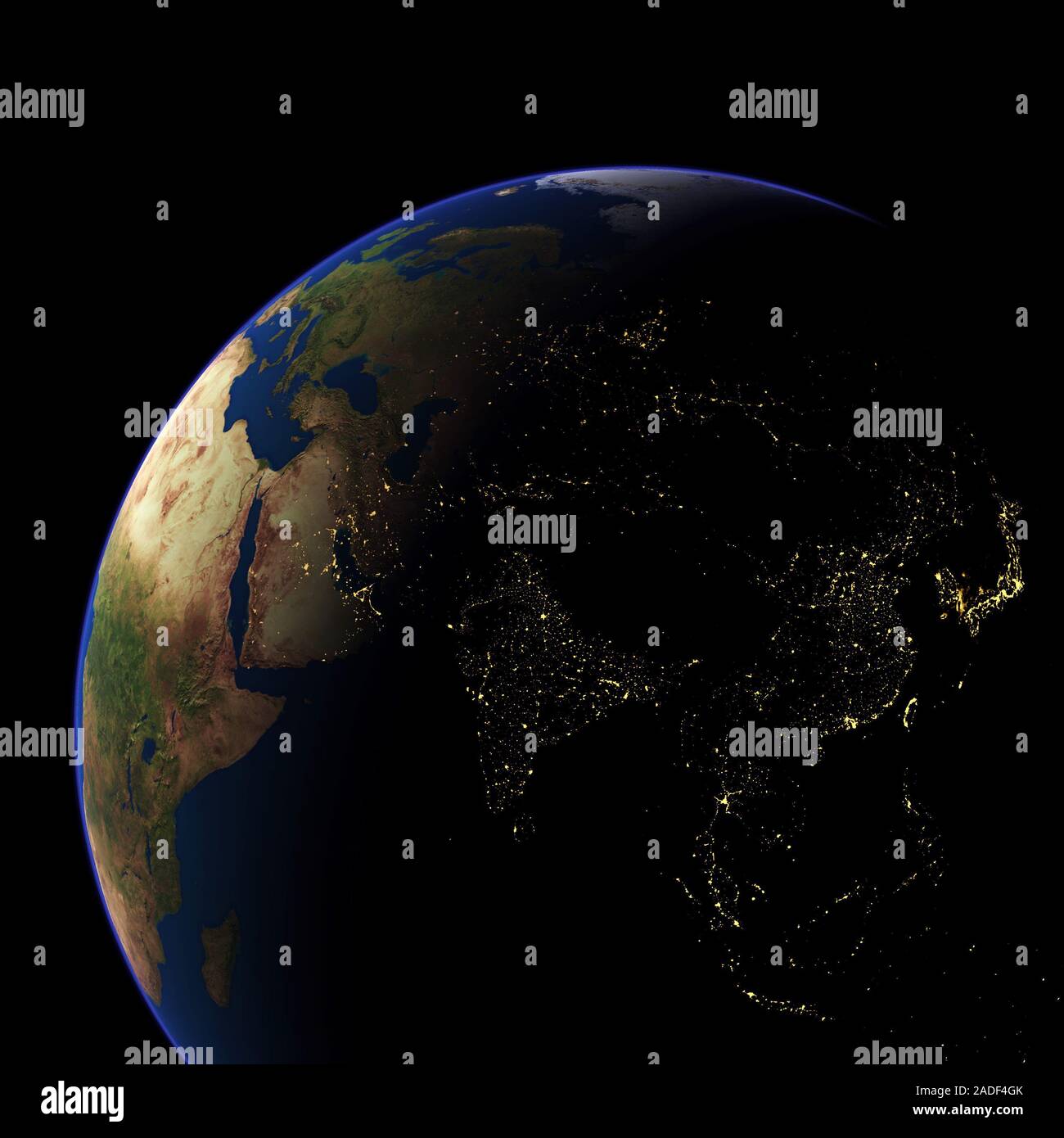 Asia at night, satellite image. North is towards top right. Yellow ...