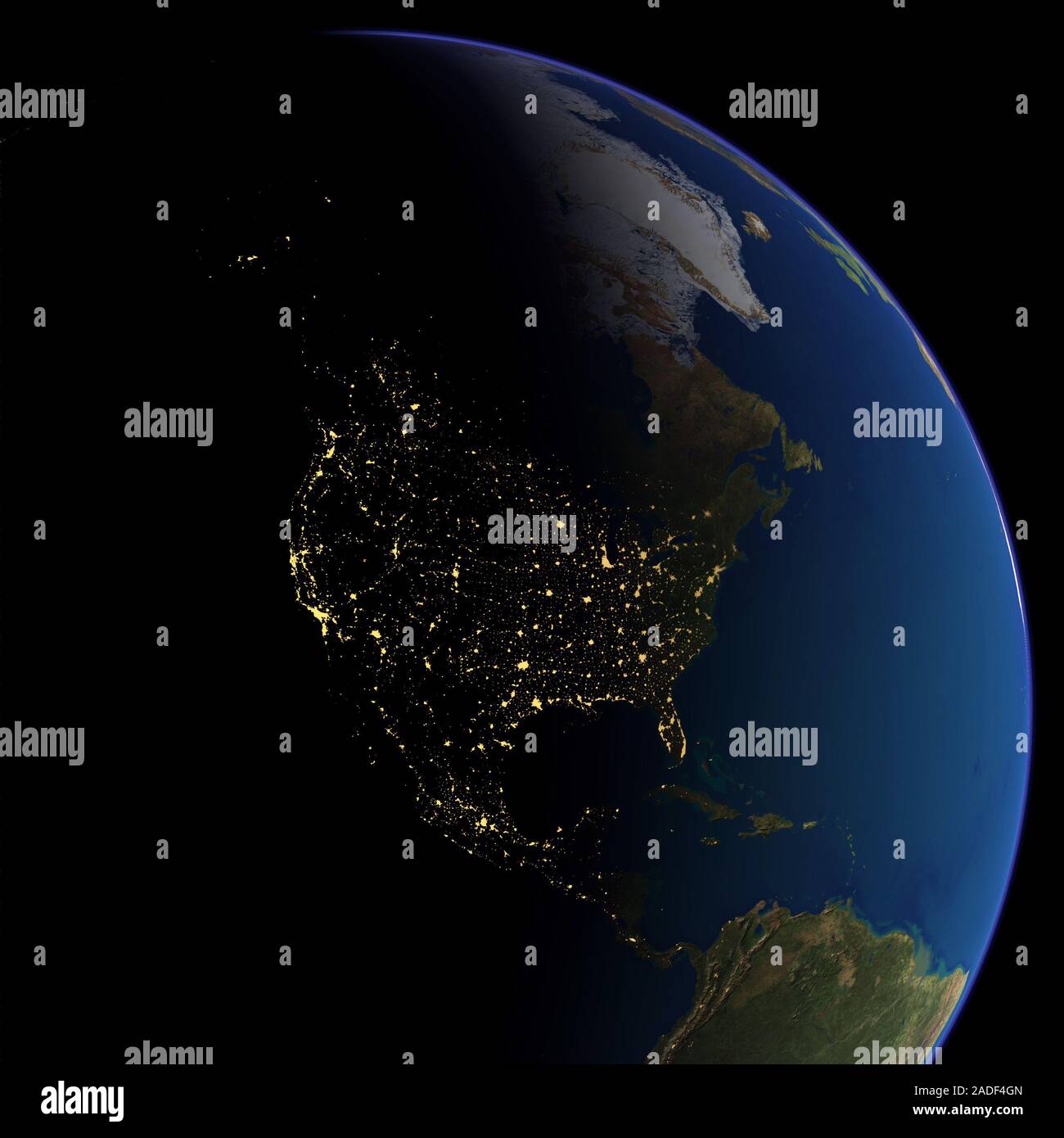 North America at night, satellite image. North is at top. Yellow lights ...