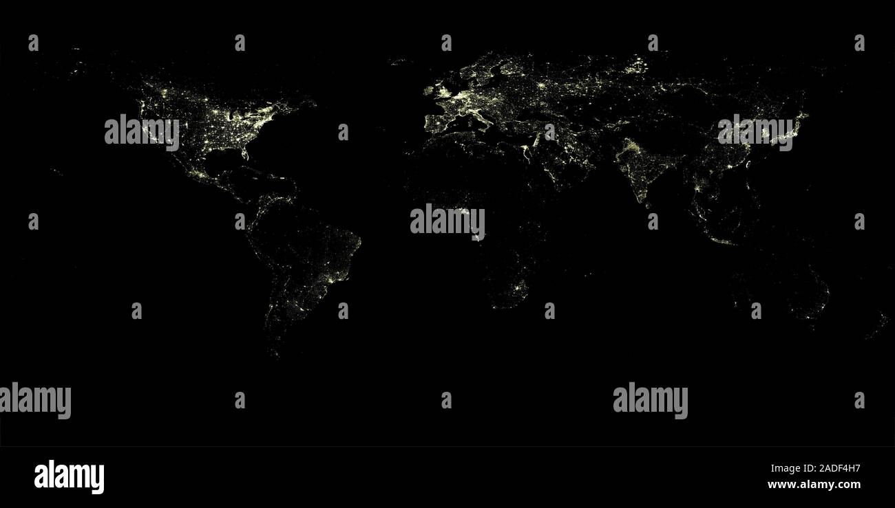 World at night. Satellite map showing the world at night. Lights show ...