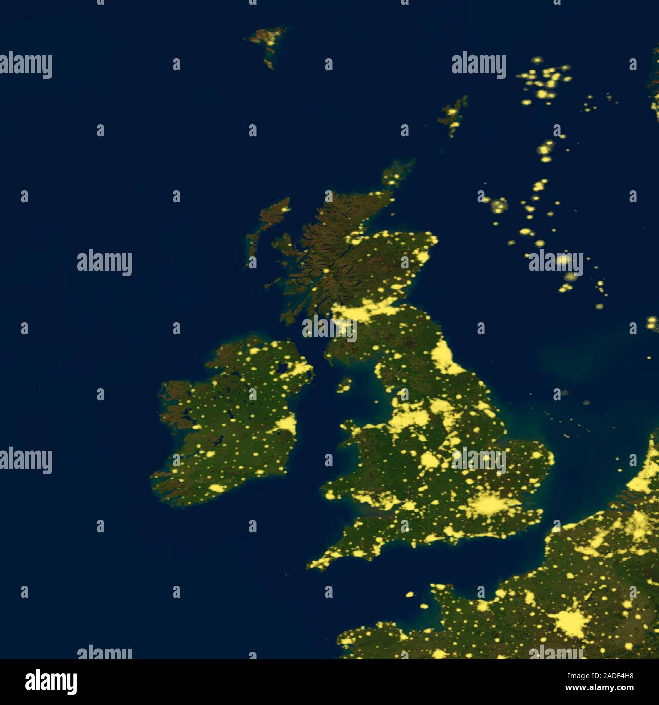 British Isles at night. Coloured image derived from satellite data ...