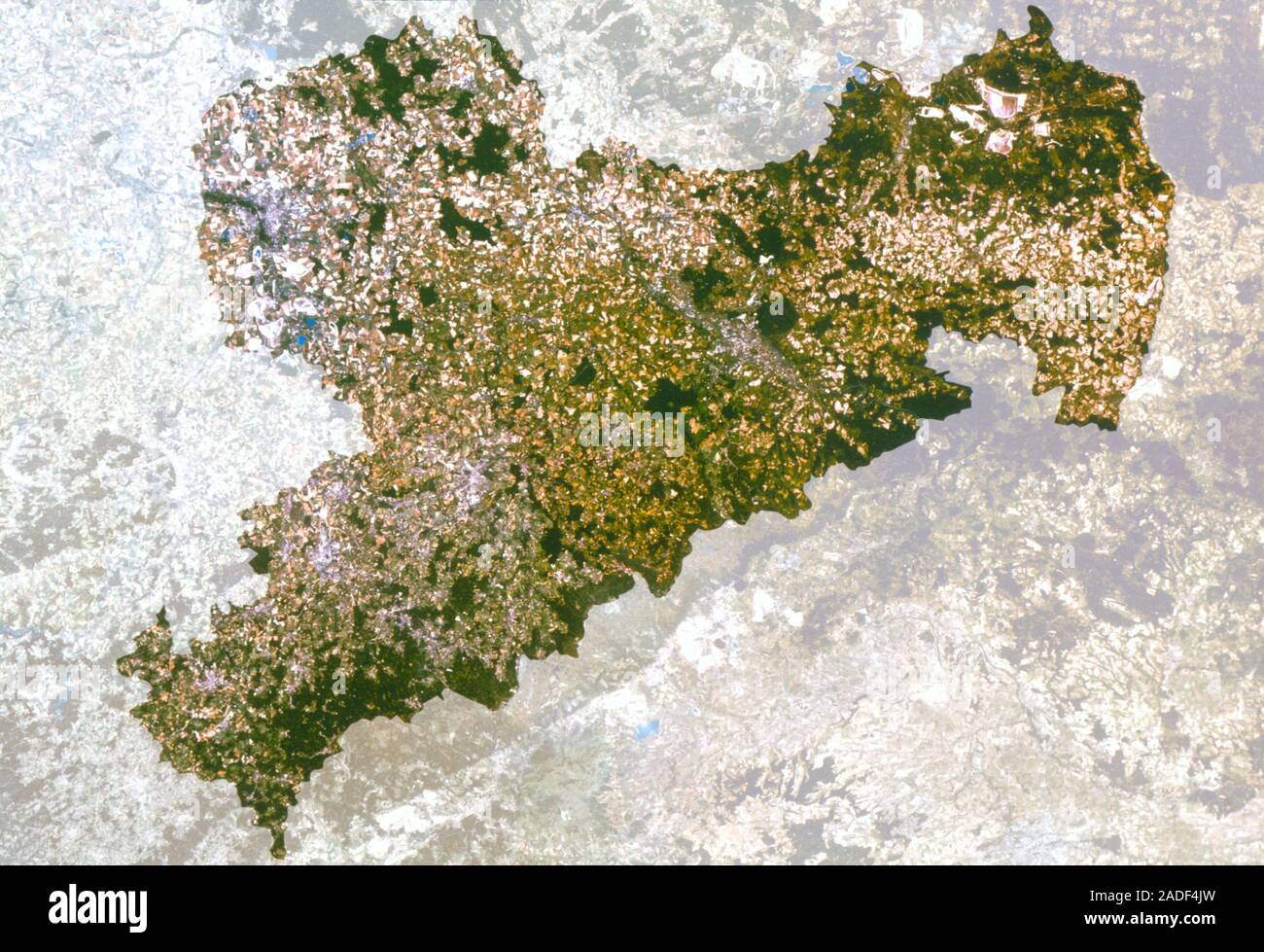Saxony. True-colour satellite image of Saxony (or Sachsen, highlighted ...
