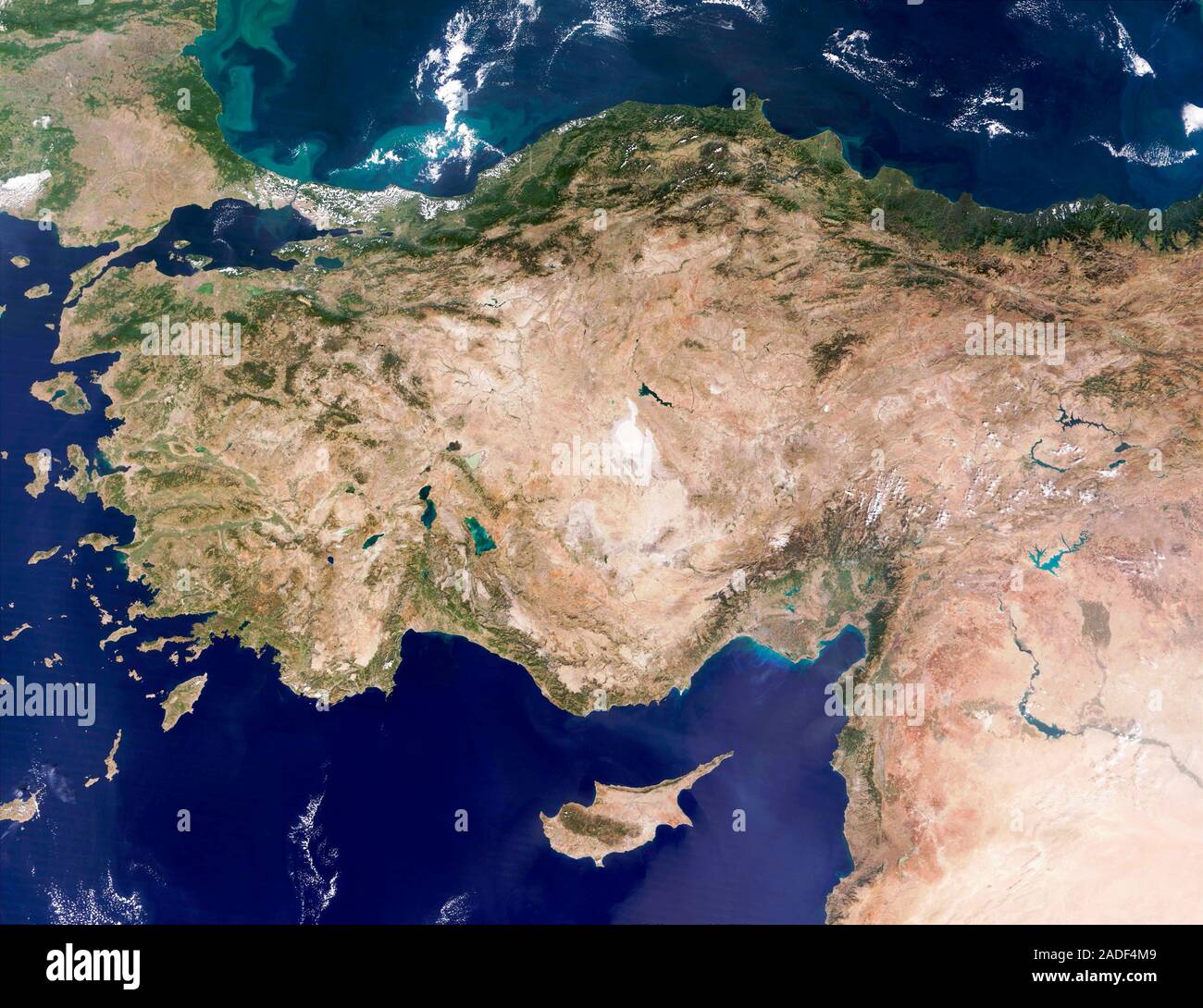 Turkey, satellite image. North is at top. Water is blue, vegetation is ...