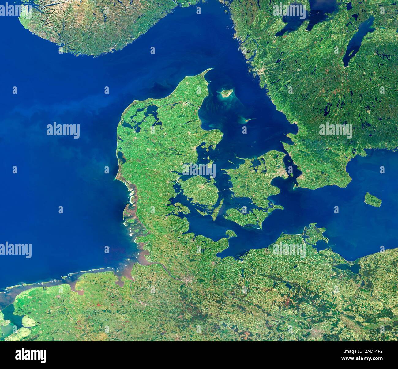 Denmark, satellite image. Denmark comprises the peninsula of Jutland ...