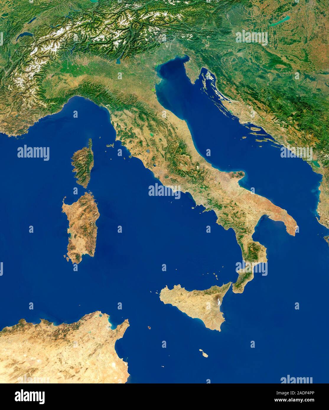 Italy, satellite image. Italy comprises the large peninsula at centre ...
