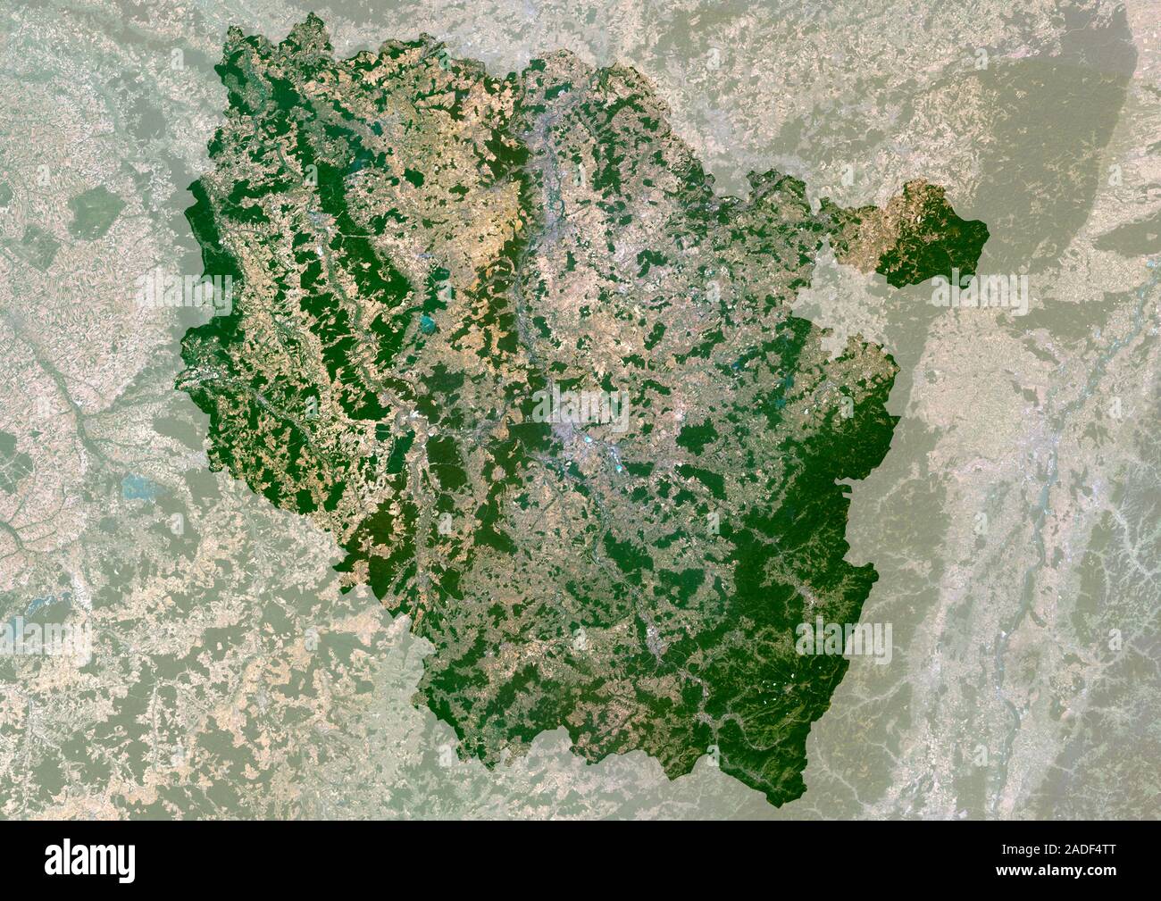 Lorraine region, France, satellite image. North is at top. Vegetation ...