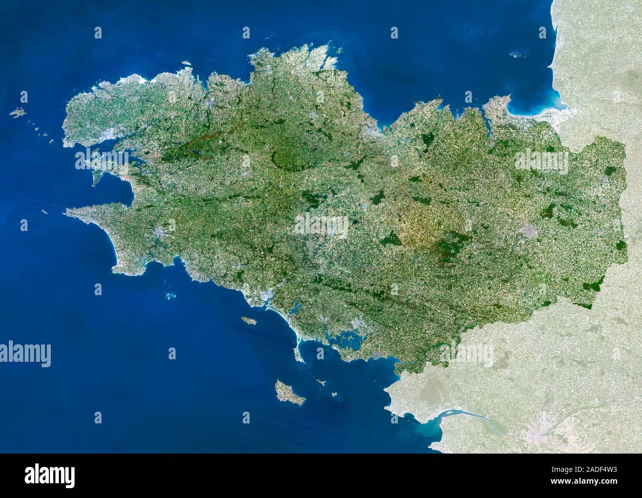 Brittany region, France, satellite image. North is at top. Vegetation ...