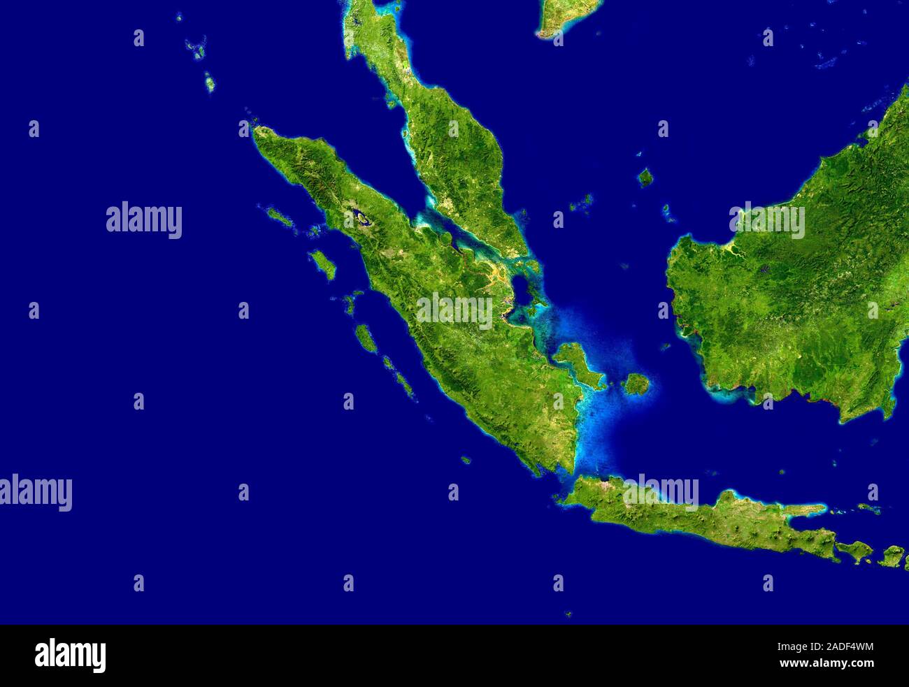 Western Indonesia and Malaysia, satellite image. North is at top. Land ...