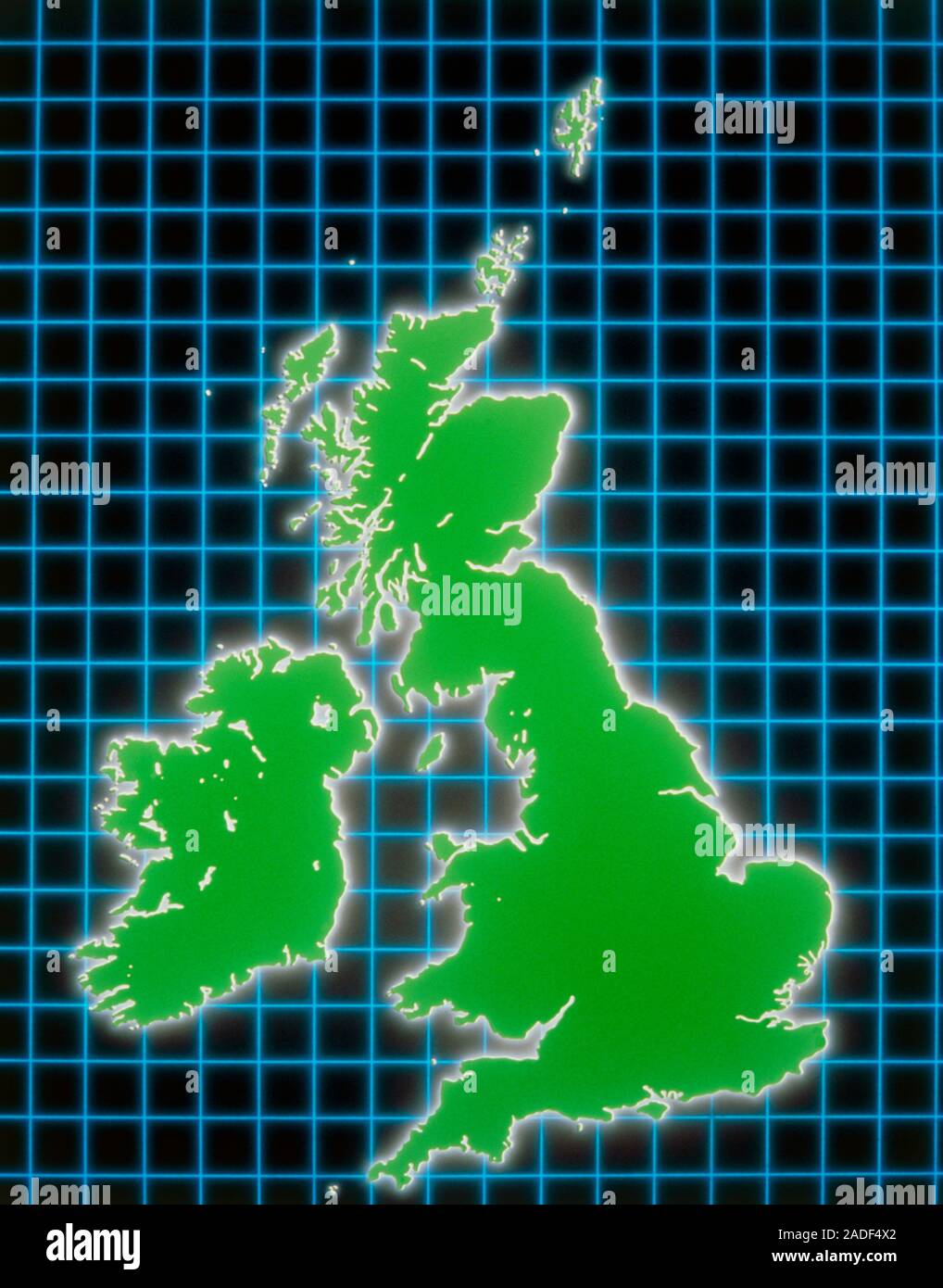 Map of Great Britain and the Republic of Ireland on a blue grid Stock ...