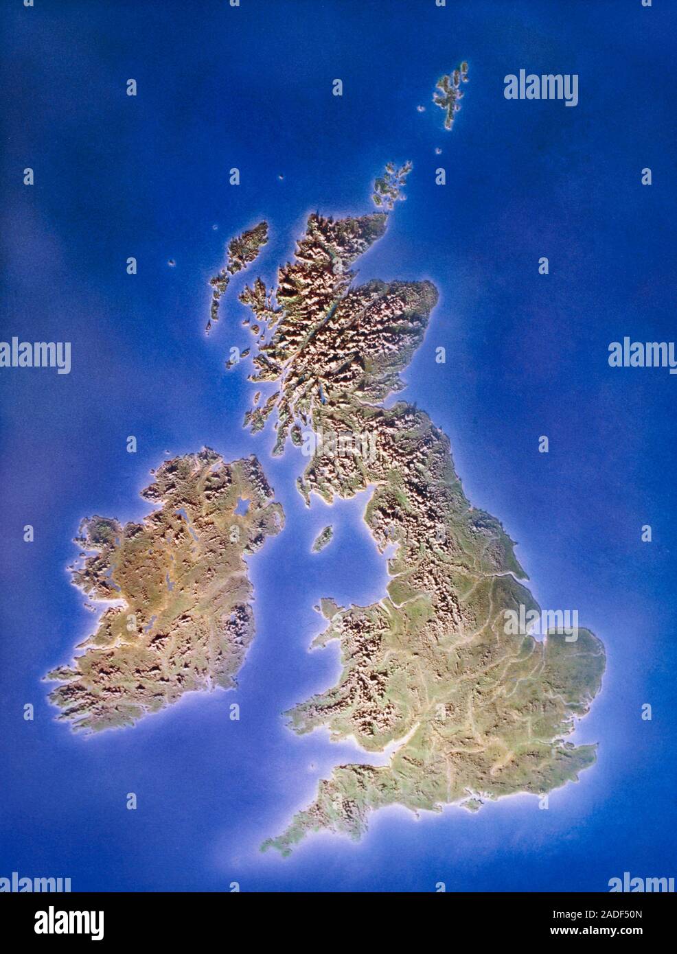 Relief map of the United Kingdom and Eire, lit from the south Stock ...