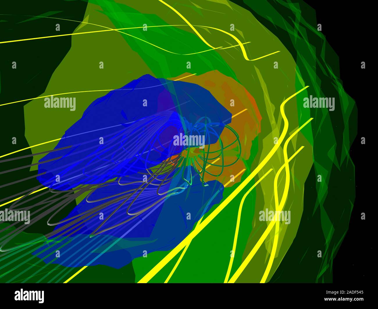 Earth's magnetic field. Supercomputer model of the Earth's magnetotail ...