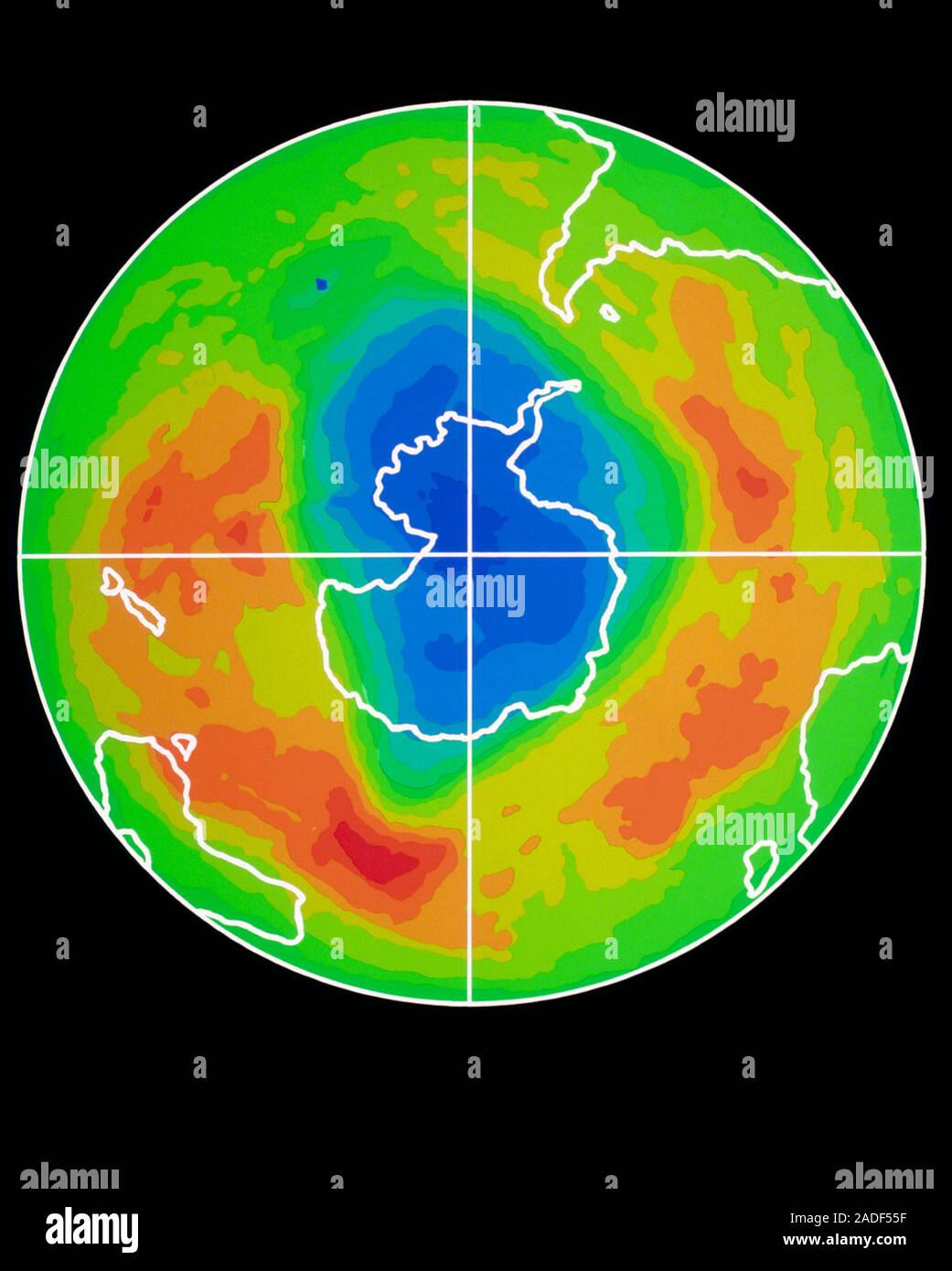 Satellite map showing a severe depletion or hole" in the ozone layer ...