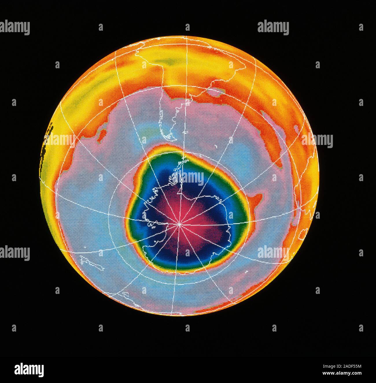 Satellite map showing a severe depletion or hole" in the ozone layer ...