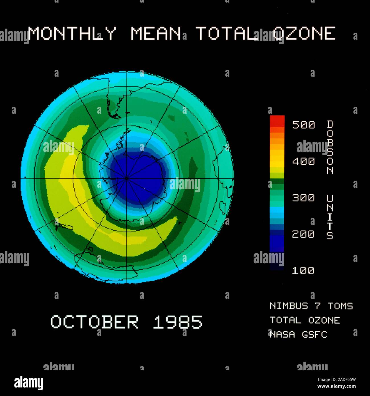 Satellite map showing a severe depletion or hole" in the ozone layer over Antarctica in October ...
