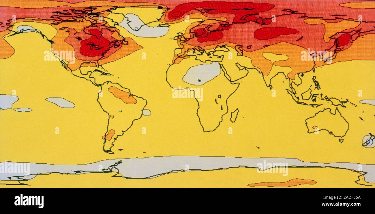 Global warming model. Computer-generated map of the world showing the ...