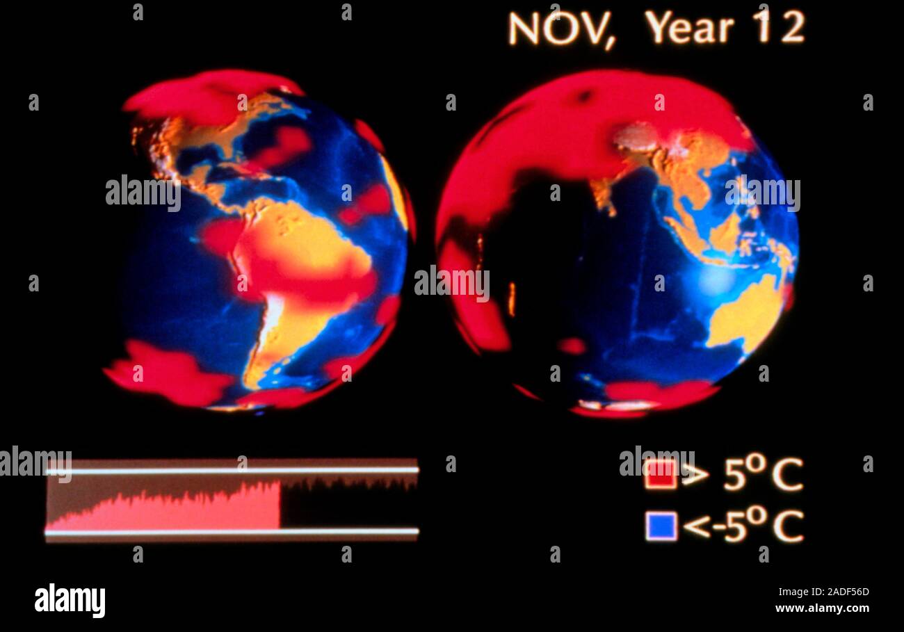 Two computer-generated maps of the Earth, showing the effects of global ...