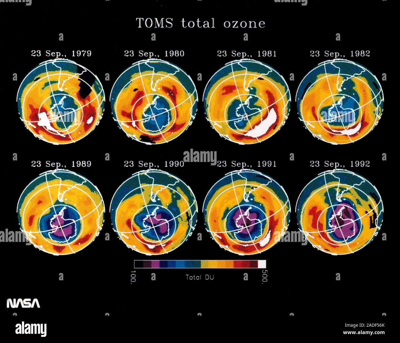 Growth of the Antarctic ozone hole. Series of false-colour maps of ...