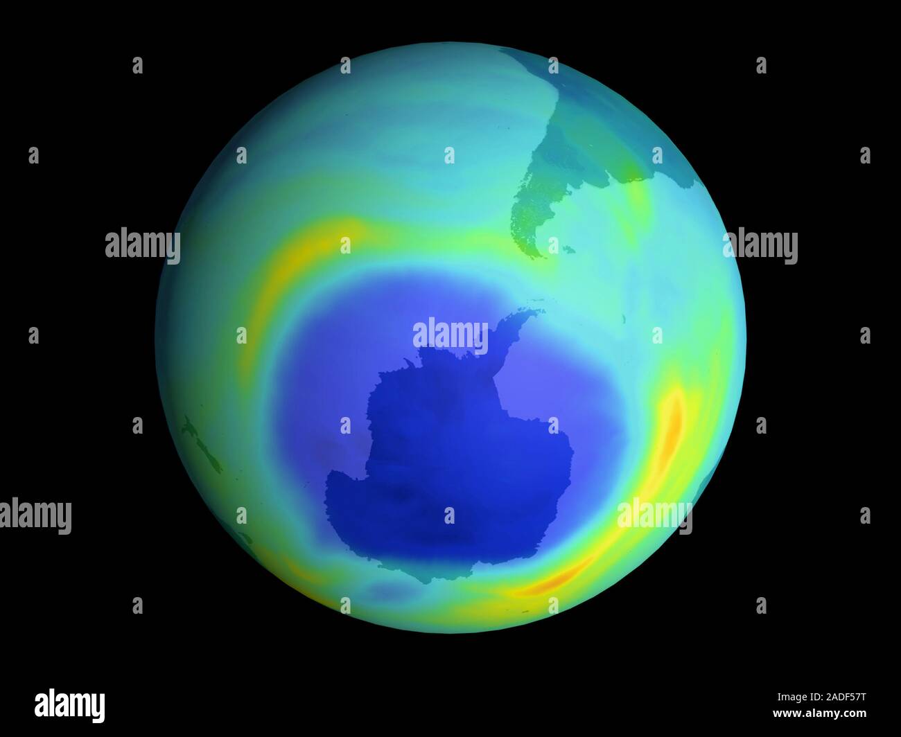 Antarctic ozone depletion. Coloured satellite map of atmospheric ozone ...