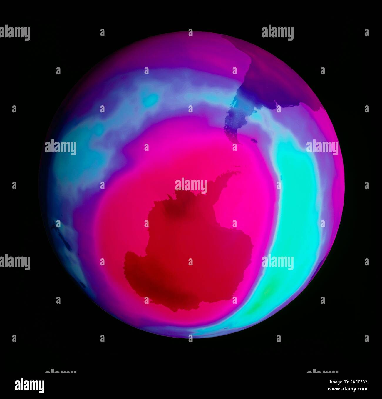Antarctic ozone depletion. Coloured satellite map of atmospheric ozone ...