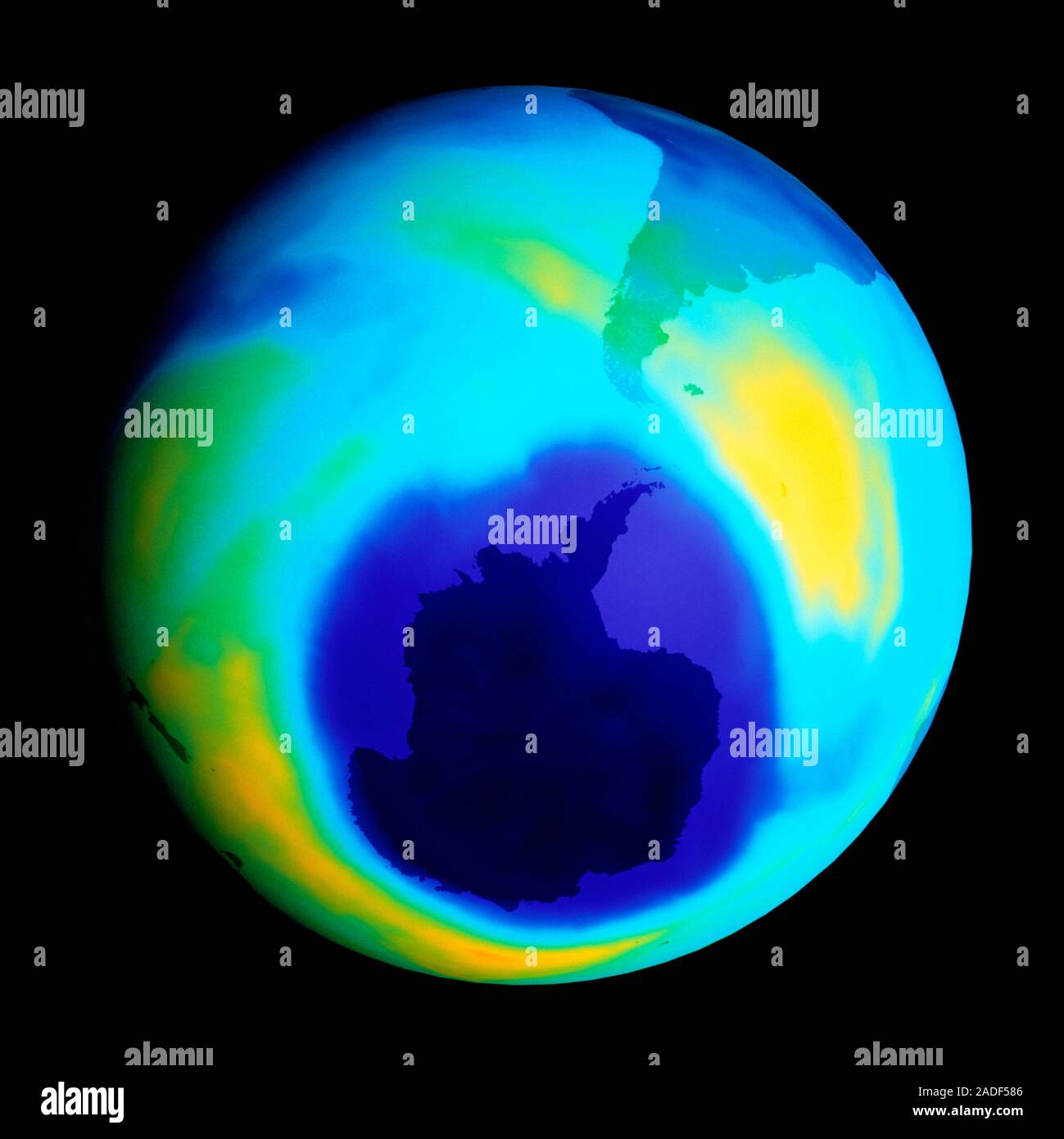 Antarctic ozone hole. Coloured satellite image of reduced atmospheric ...