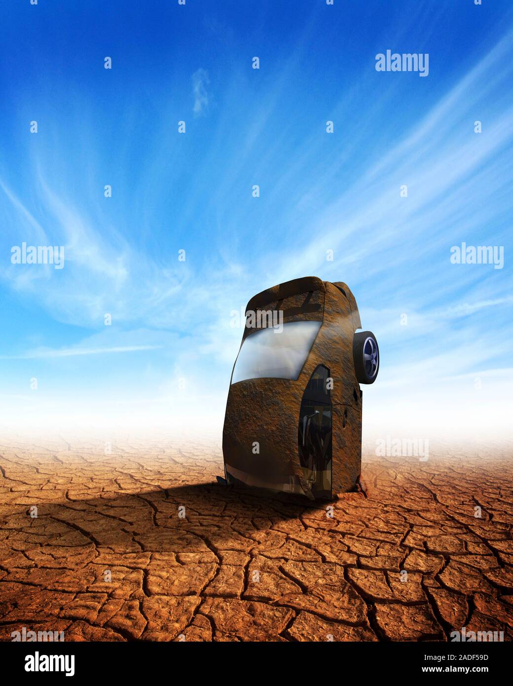 Climate change. Car half buried by cracked earth, conceptual computer ...