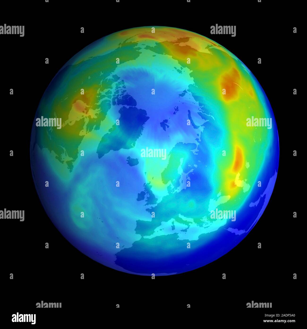 Arctic ozone hole. Coloured satellite image of the atmospheric ozone ...