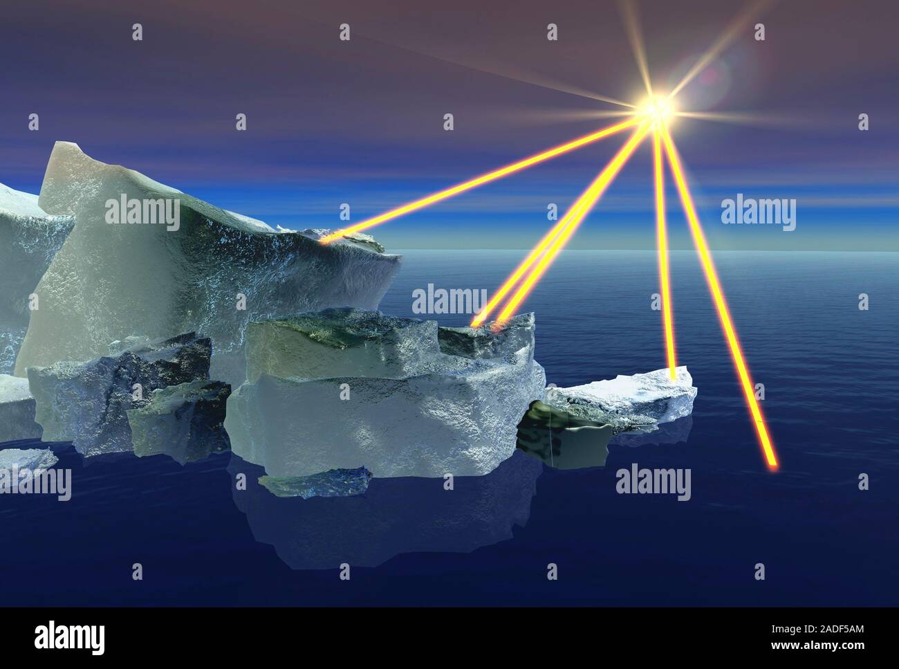 Reflectivity of polluted ice. Artwork showing icebergs failing to ...