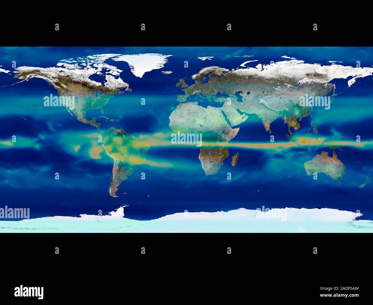 Average monthly global precipitation. Computer model showing the ...
