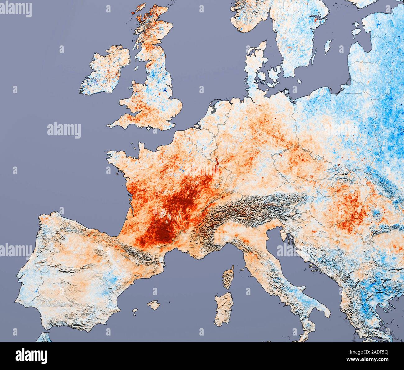 European heatwave 2003. Satellite image showing the daytime land surface temperatures in July ...
