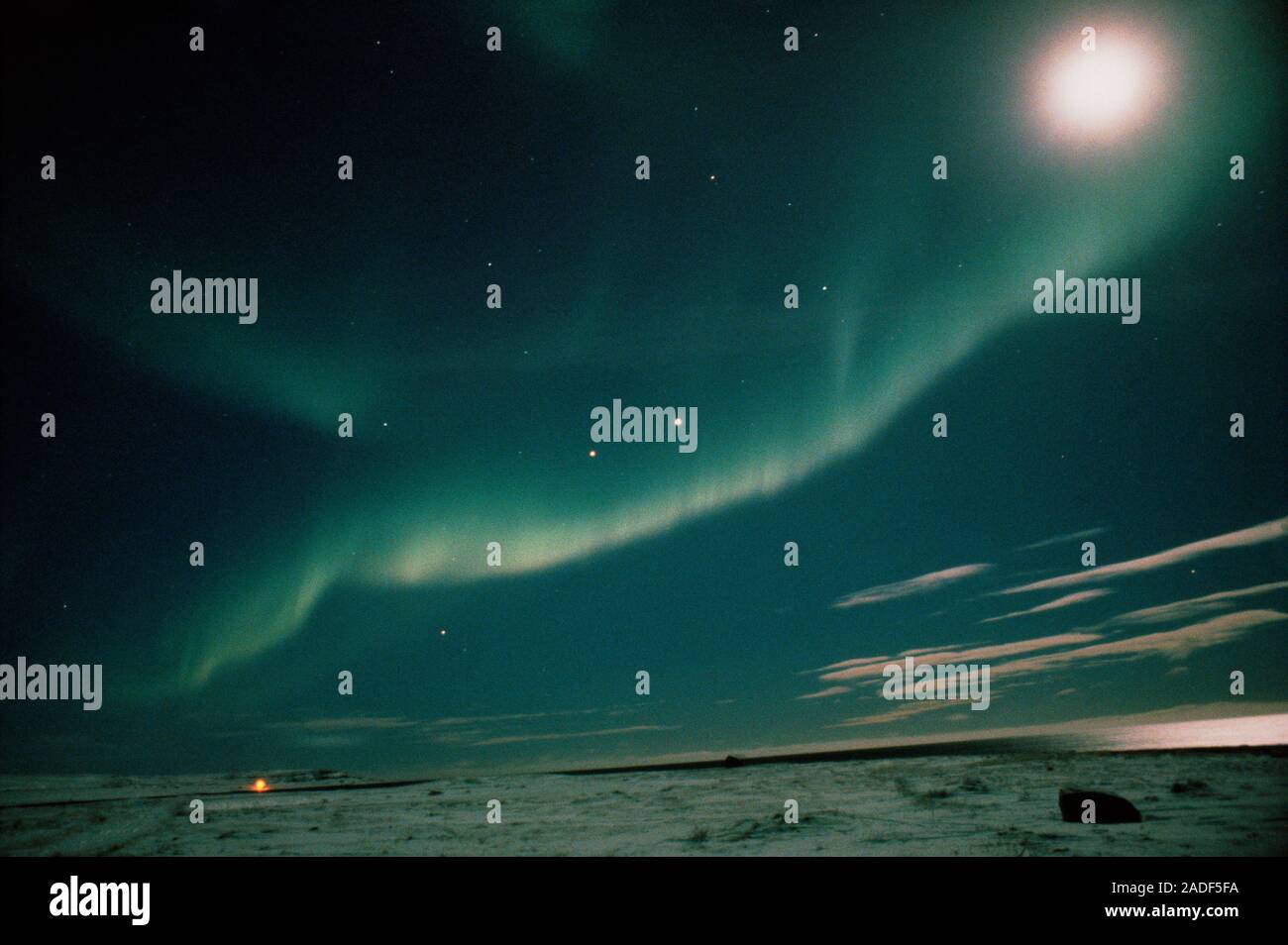 Aurora borealis display with Moon, Jupiter (centre right), Mars (centre ...
