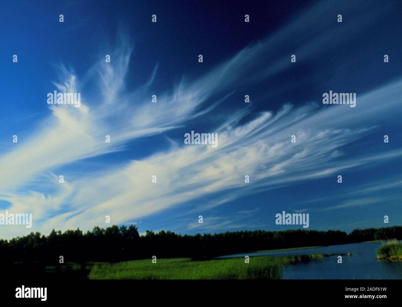 Cirrus cloud in jetstream. Long plumes of cirrus cloud in the sky above a lake. Under the ...