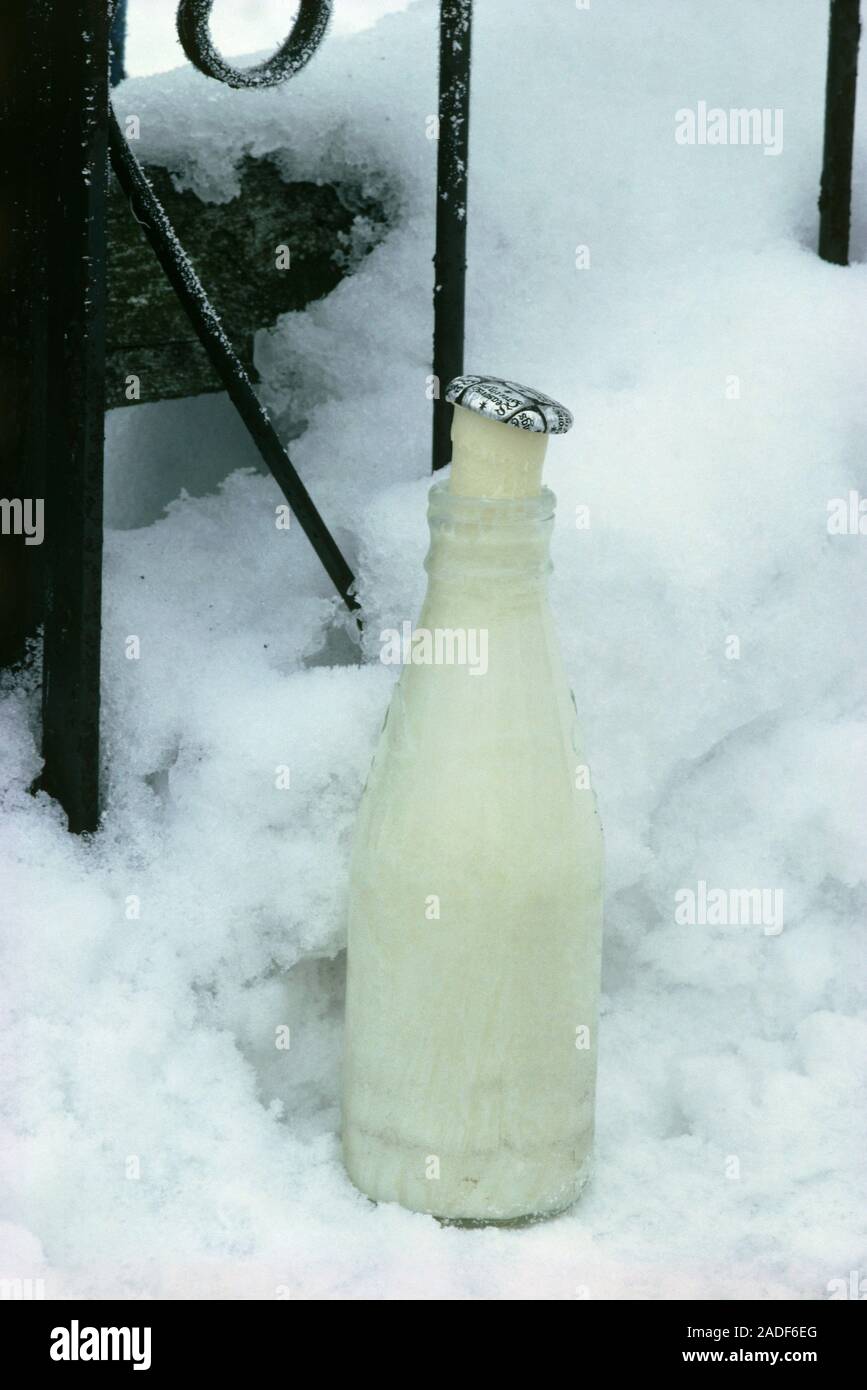 Frozen plug of milk in milk bottle on doorstep Stock Photo - Alamy