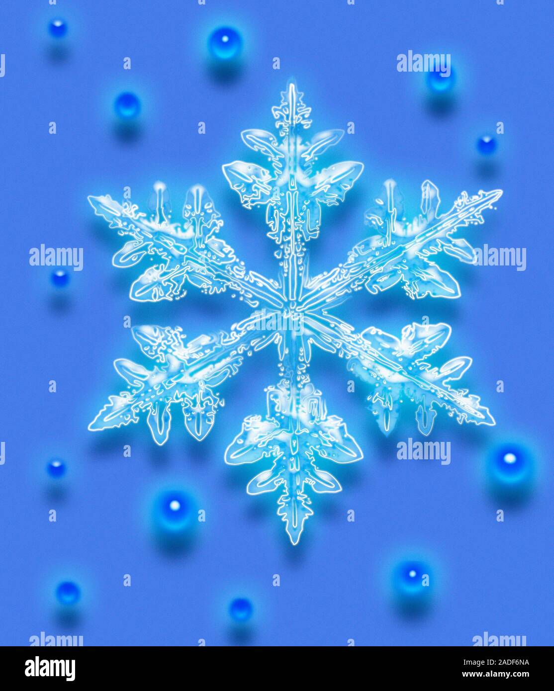 Snowflake. Computer artwork of a snowflake surrounded by water droplets ...