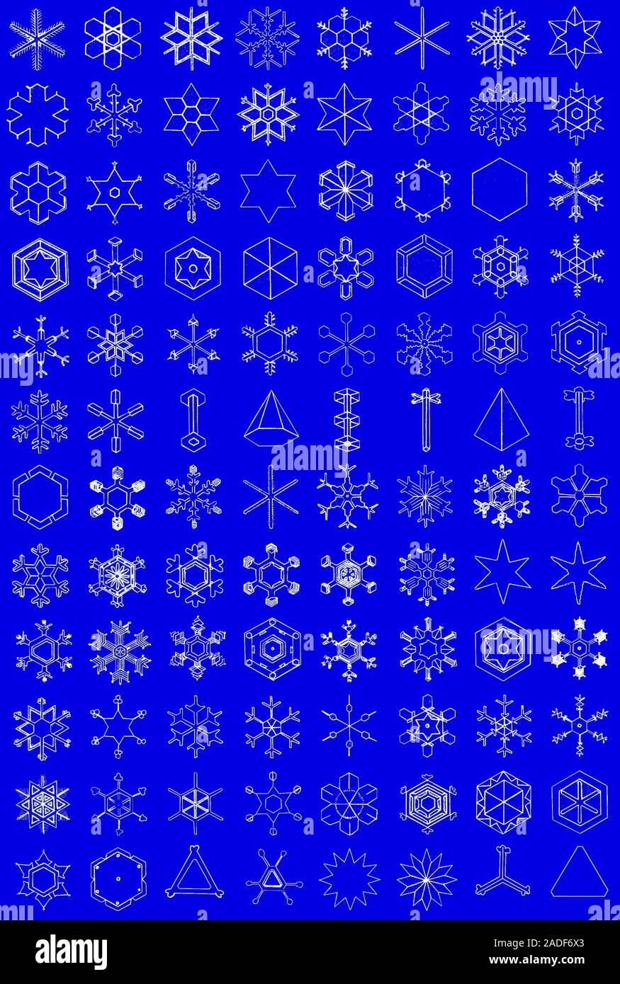 Snow crystals. Historical artwork showing the characteristic ...