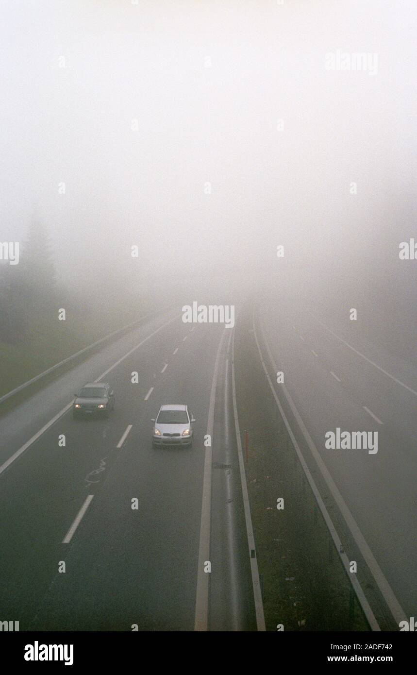 Traffic in fog. Fog forms near the ground when the air is cooled enough ...