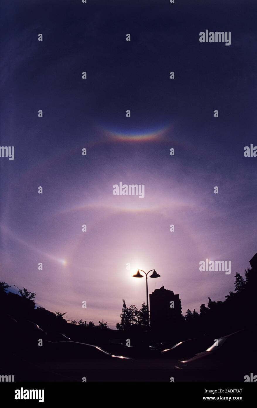 Sun haloes. Ice crystals in the air lead to the refraction of sunlight ...