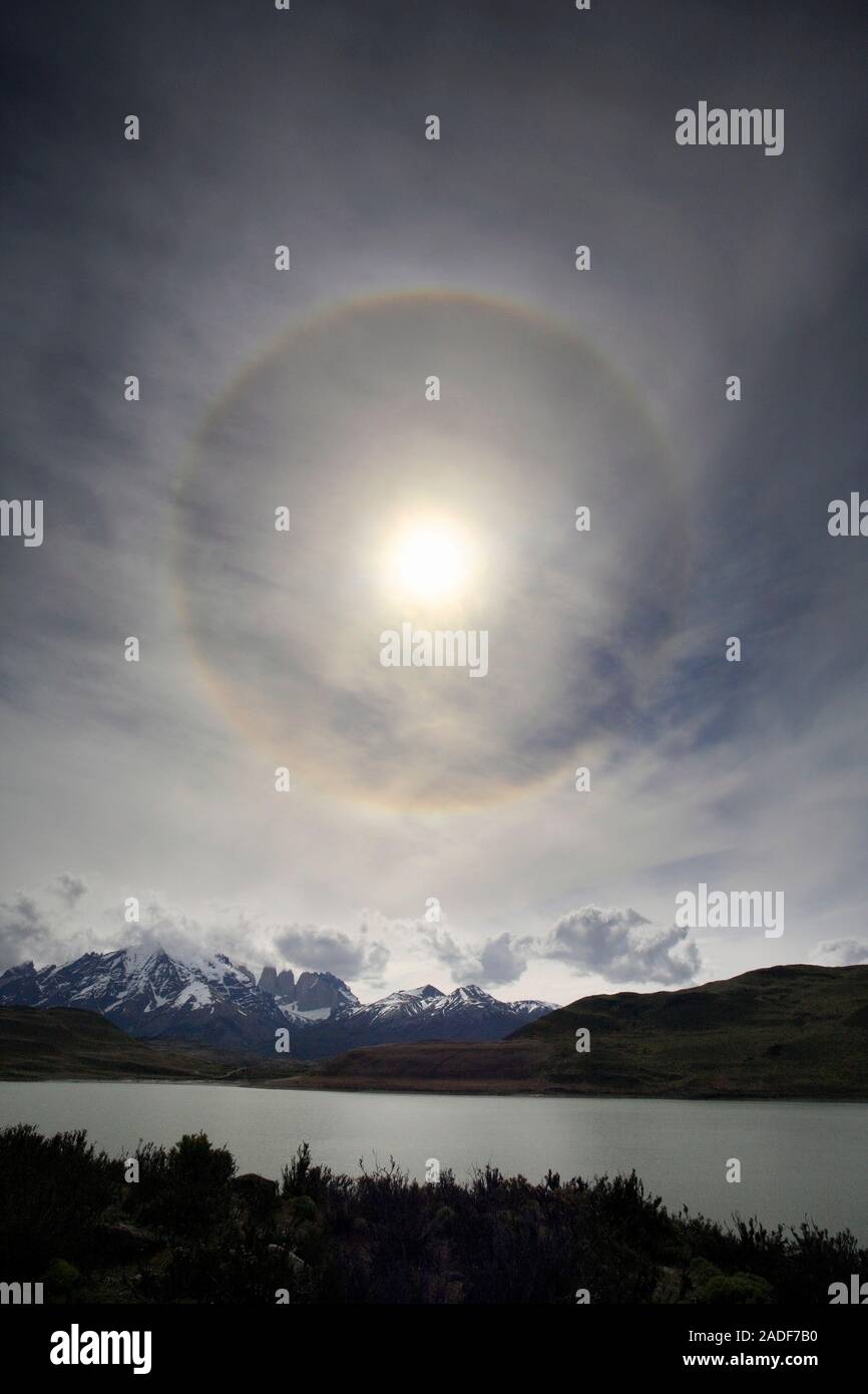 Sun halo. Halo of light around the Sun, caused by refraction of ...