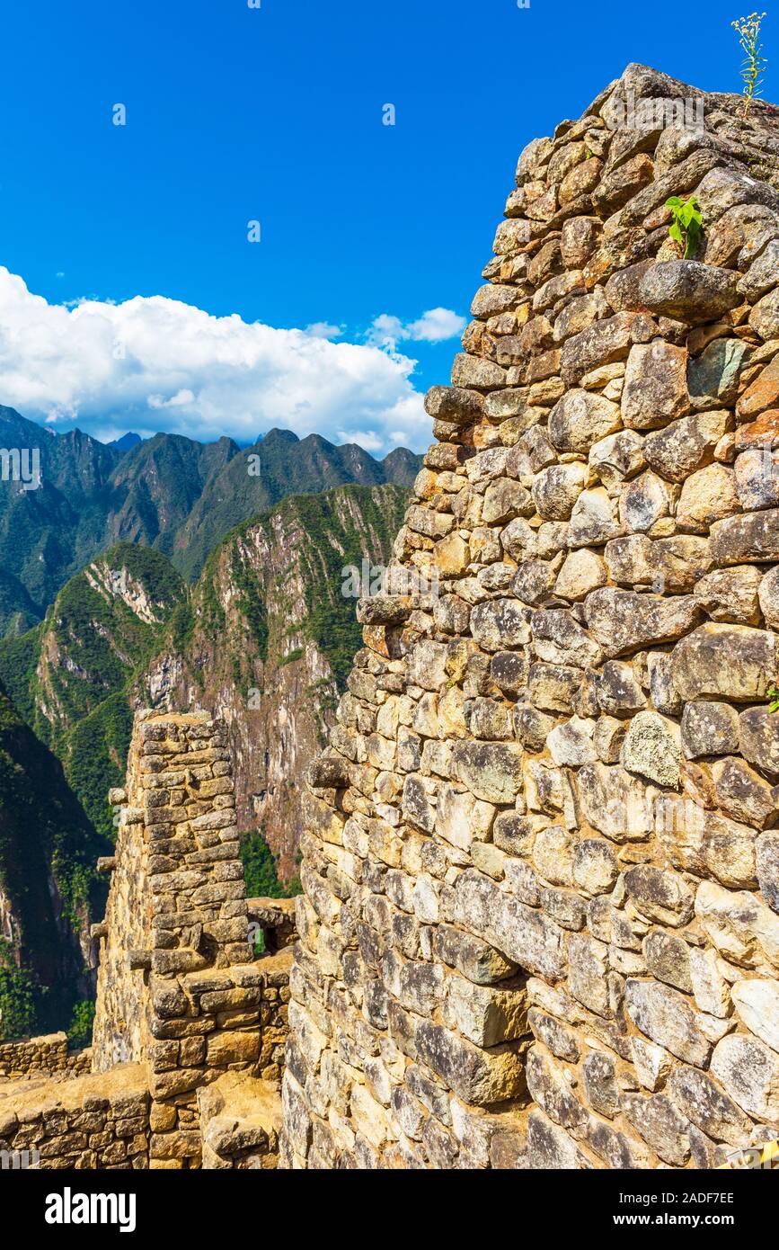 View of the walls of the ancient city of Machu Picchu, Peru. Vertical ...