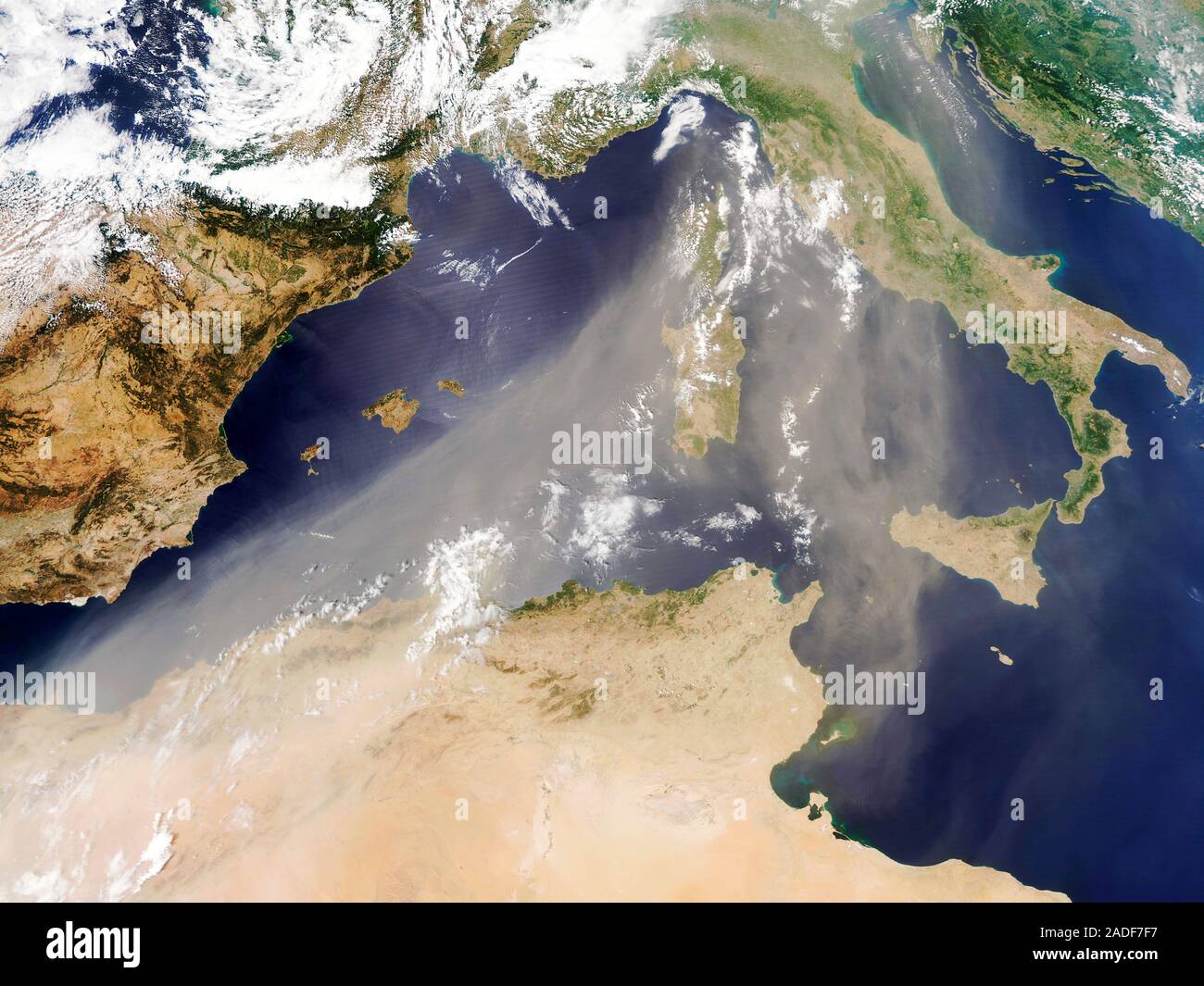 Dust plume crossing the Mediterranean sea, Terra satellite image. Sand ...
