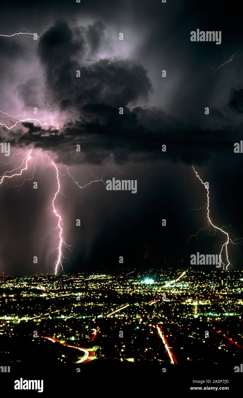 Lightning. Night-time view of multiple bolts of lightning striking the ...