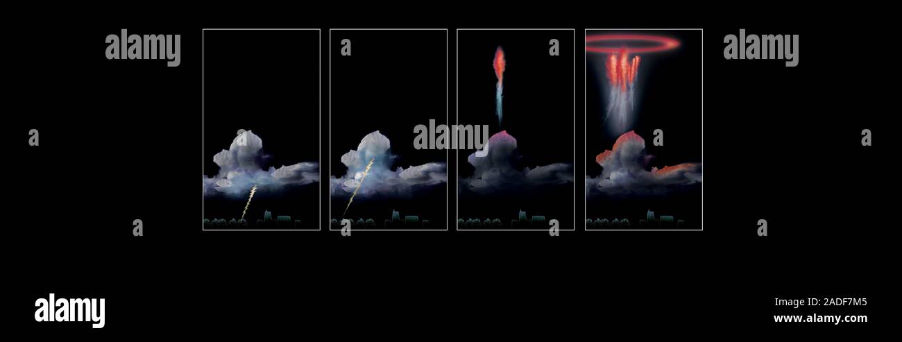 Red sprite electrical storm, artwork. This sequence of artworks, from ...