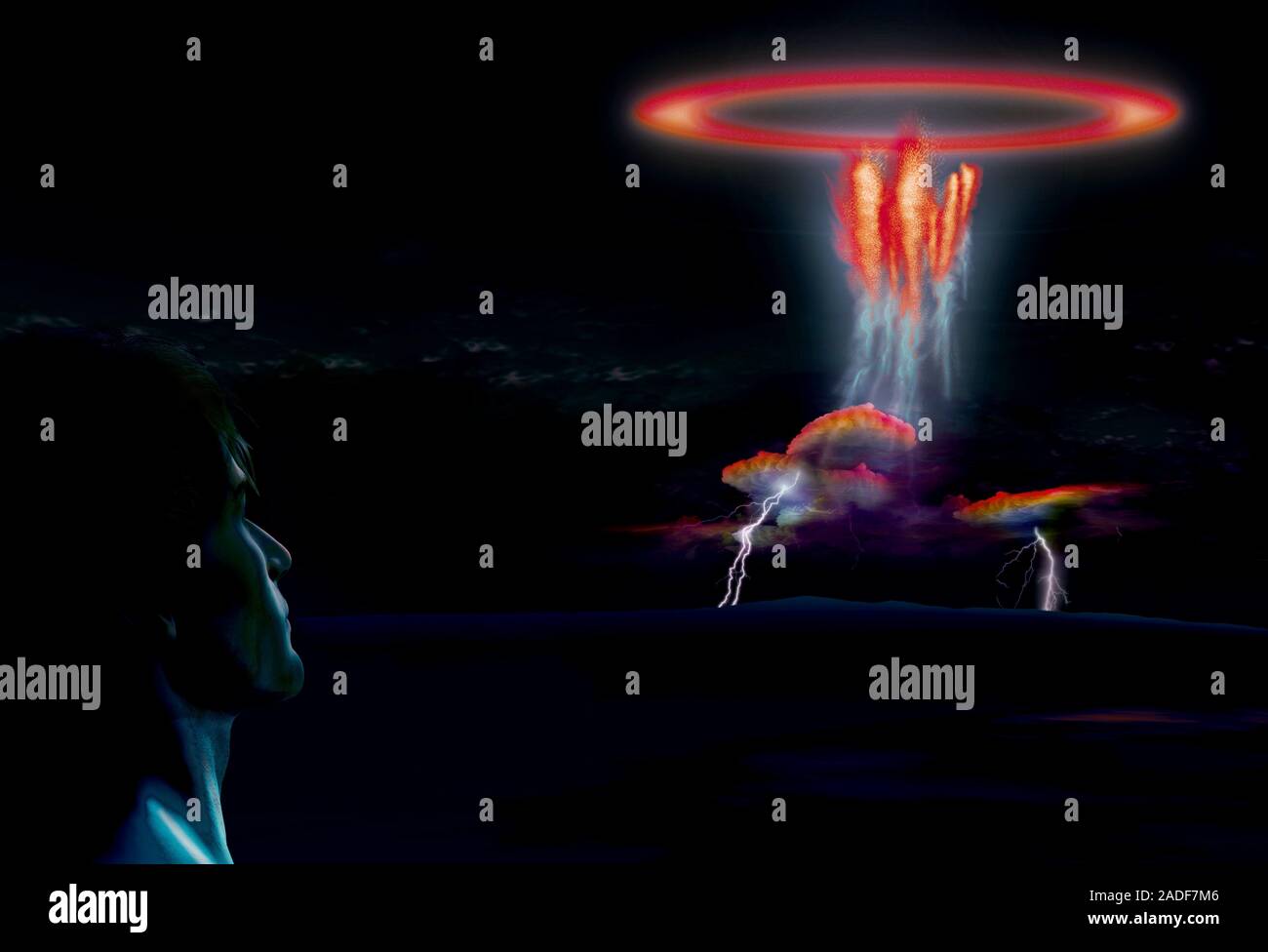 Red sprite electrical storm, artwork. Observer (left) watching a red ...