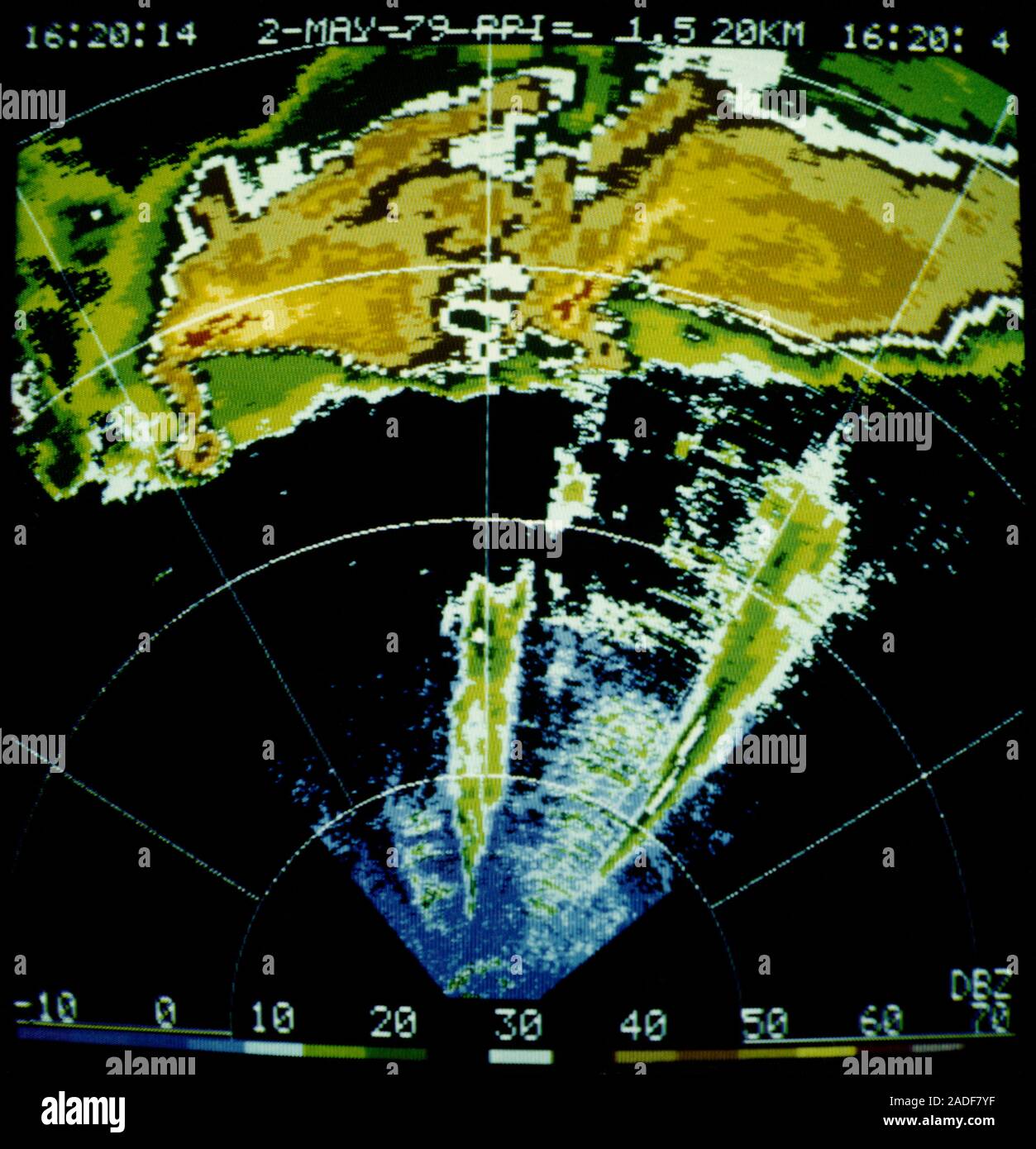 Radar display screen showing a tornado developing Stock Photo - Alamy