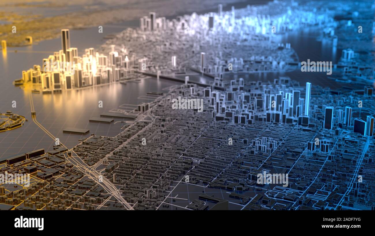 digital new york city with glowing edges. suitable for technology ...