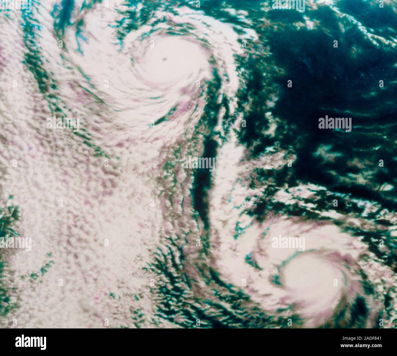 NOAA-3 satellite image of twin hurricanes Ione (top) and Kirsten ...