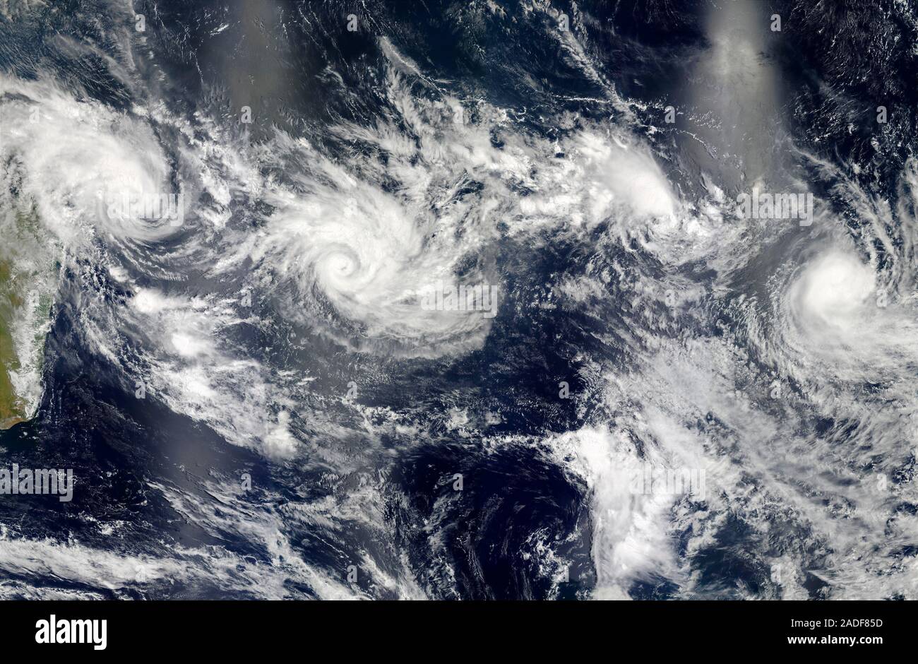 Tropical cyclones over the Indian Ocean, satellite image. North is at ...